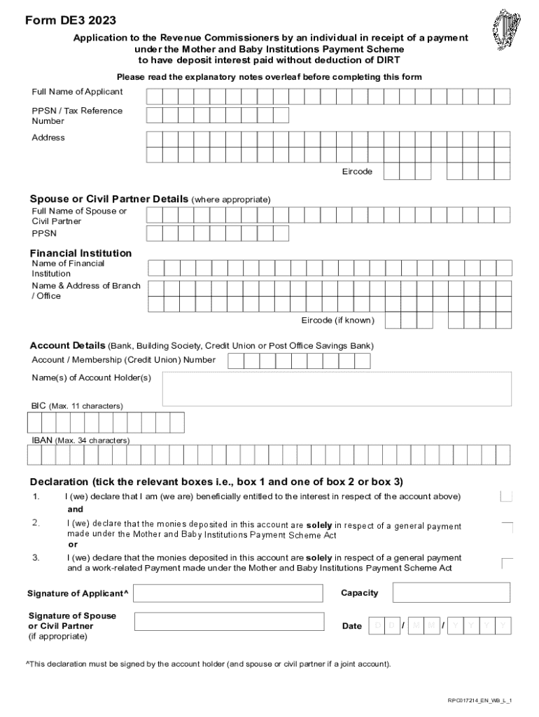 Fillable Online Form DE3 2023. Application to the Revenue Commissioners ...