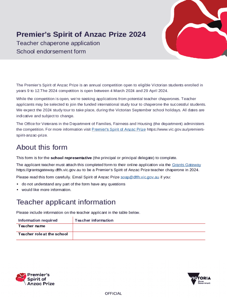 Premier's Spirit of Anzac Prizeteacher chaperones Doc Template | pdfFiller