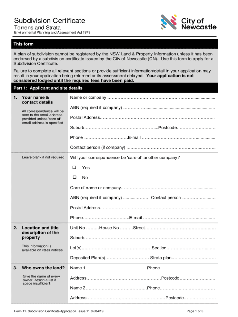 Fillable Online newcastle nsw gov What is a Subdivision Certificate ...