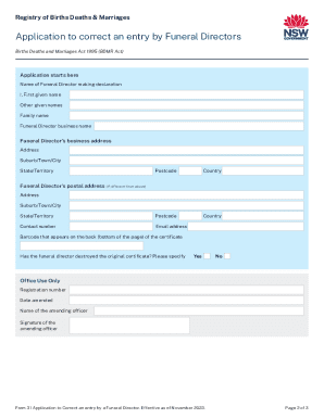 Fillable Online Application to correct an entry by funeral directors ...