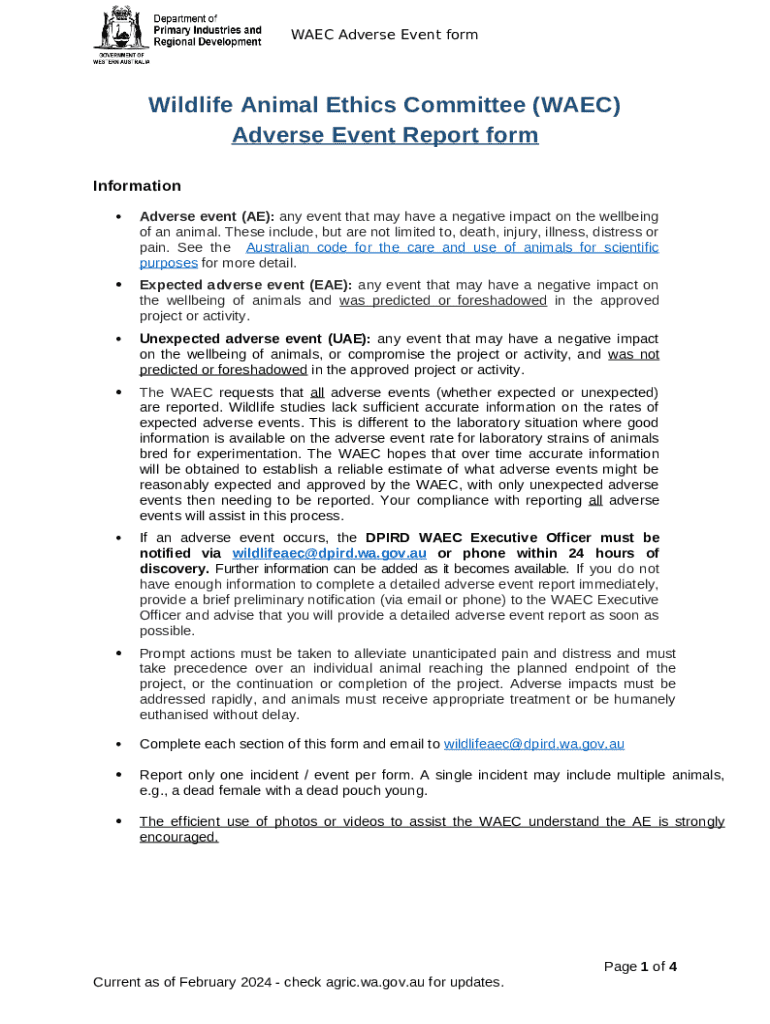 WAEC Adverse Event Report ... Doc Template | pdfFiller