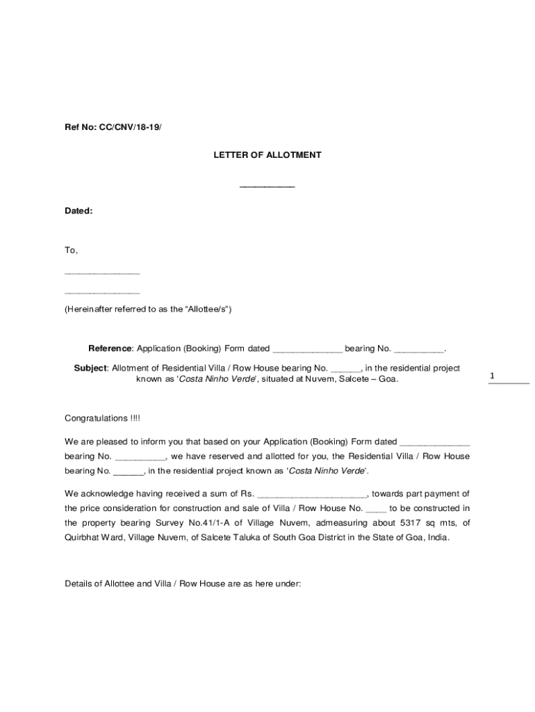 Fillable Online Ref No: CC/CNV/18-19/ LETTER OF ALLOTMENT Dated ... Fax Email Print - pdfFiller