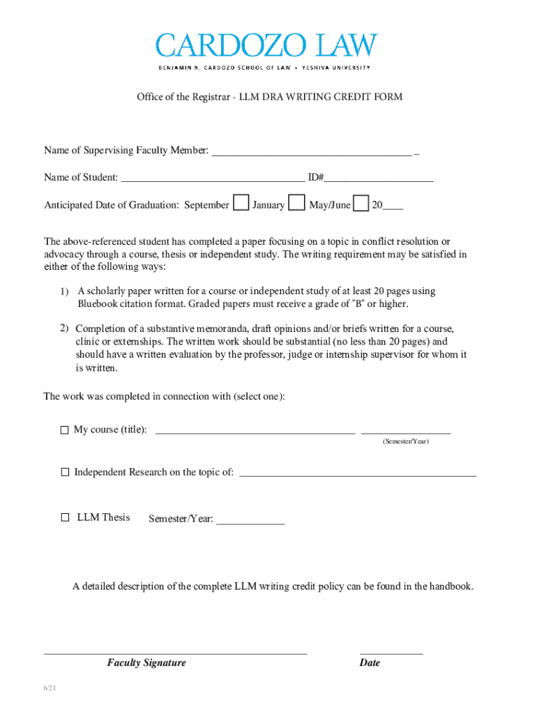 Fillable Online cardozo yu LLM DRA WRITING CREDIT FORM Fax Email Print ...