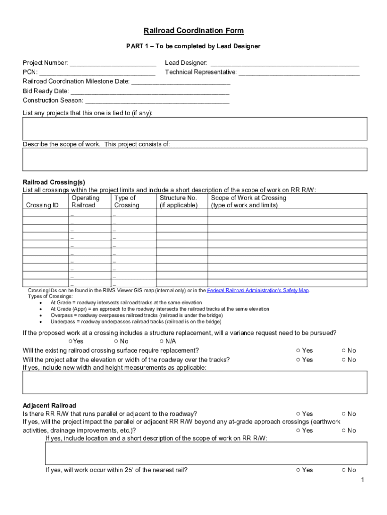Fillable Online Railroad Coordination Form Yes No N/A Yes No Yes No Yes No Yes Fax Email Print ...