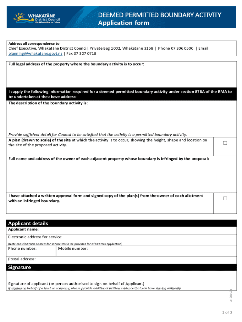Fillable Online Deemed permitted boundary activity application form ...