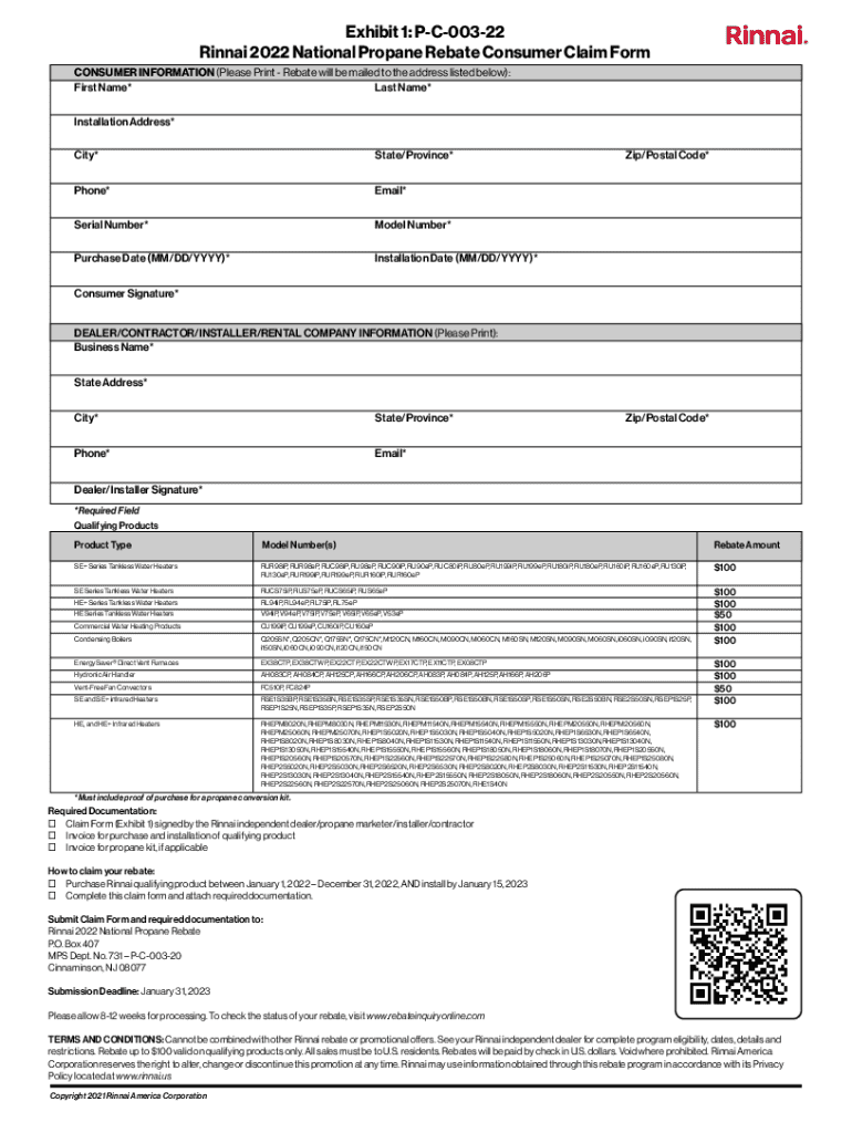 Fillable Online Exhibit 1: PC-005-20 - Rinnai Consumer Rebate Claim ...