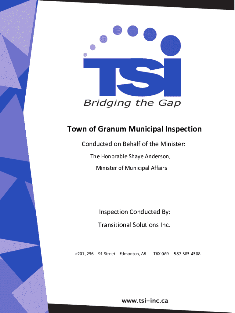 Fillable Online Town of Granum Municipal Inspection Report 2017 Fax ...