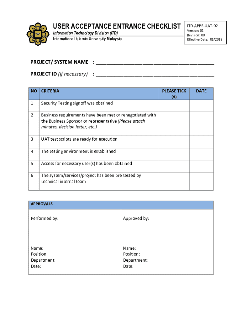 Fillable Online USER ACCEPTANCE ENTRANCE CHECKLIST Fax Email Print ...