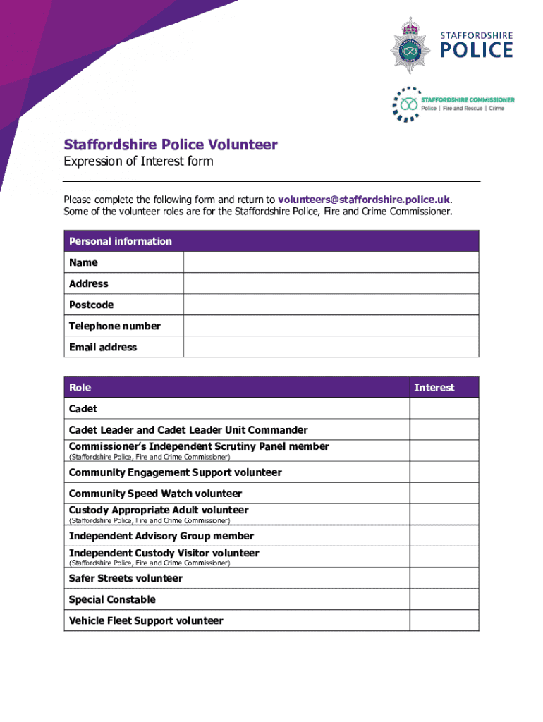 Fillable Online Staffordshire Police Volunteer Expression of Interest ...