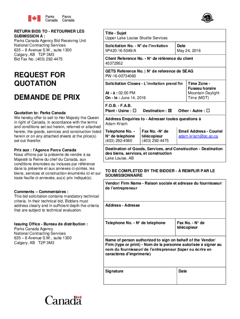 Fillable Online Fillable Online RETURN BIDS TO - RETOURNER LES Fax ... Fax Email Print - pdfFiller