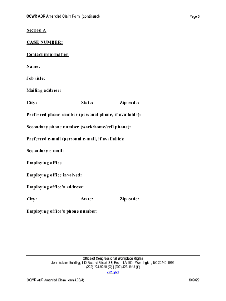 Fillable Online Office of Congressional Workplace Rights Administrative Dispute Resolution ...