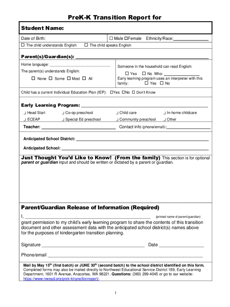 Fillable Online PreK-K Transition Information and Student Work Sample ...