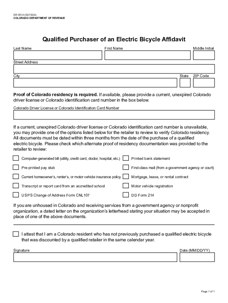 Fillable Online DR 0514 Affidavit Retail Sales of Electric Bicycles. If ...