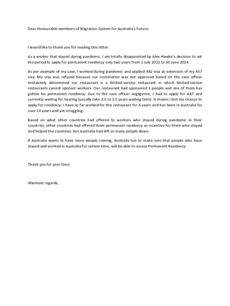 Fillable Online Dear Honourable members of Migration System for ...