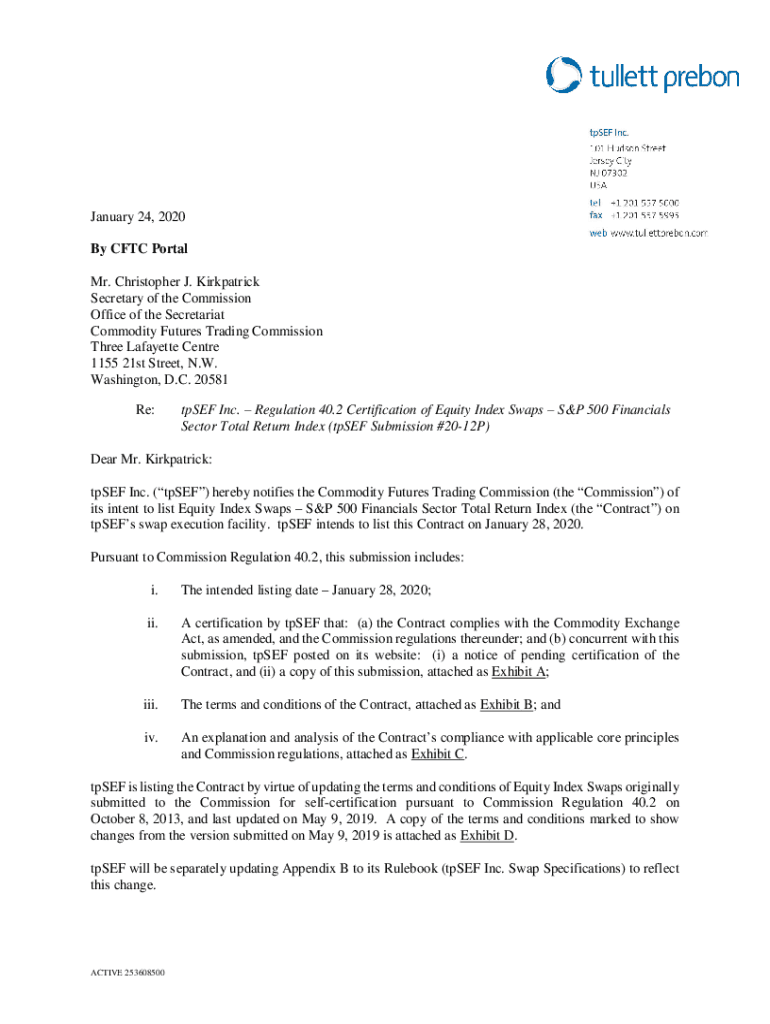 Fillable Online tpSEF Inc.Regulation 40.2 Certification of Equity Index ...