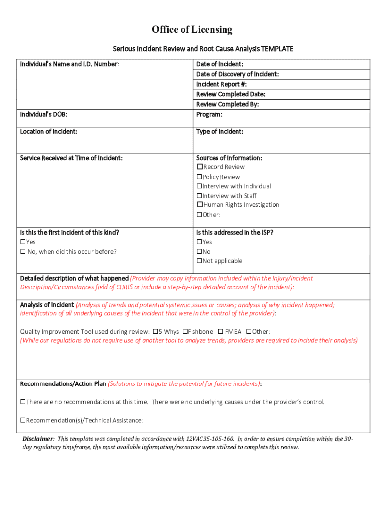Fillable Online dbhds virginia Serious Incident Review and Root Cause ...