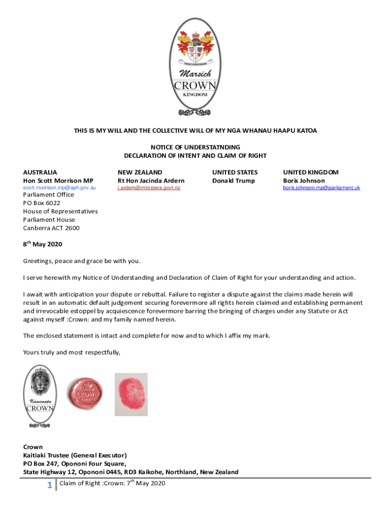 Fillable Online 1 Claim of Right :Crown: 7th May 2020 THIS IS MY WILL ...