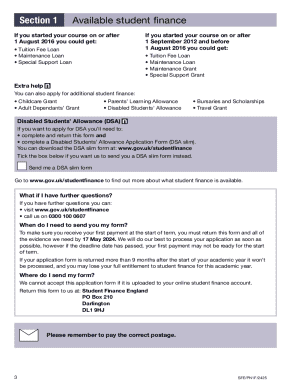 Fillable Online Student finance application forms and notes for new ...
