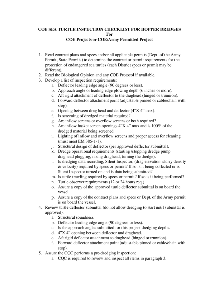 Fillable Online coe sea turtle inspection checklist for hopper dredges ...