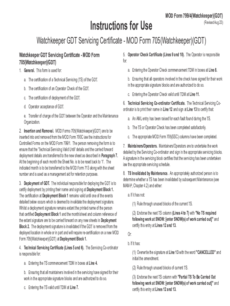 Fillable Online Instructions for Use - Watchkeeper GDT Servicing Certificate - MOD Form 705 ...