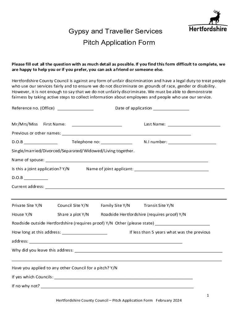Fillable Online Gypsy and Traveller Service Pitch application form Fax ...