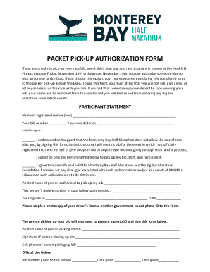 Fillable Online PACKET PICK-UP AUTHORIZATION FORM Monterey Bay Half ...