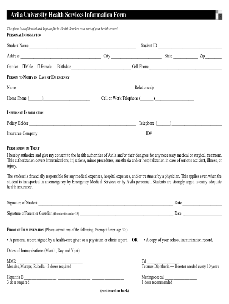 Fillable Online Avila University Health Services Information Form Fax ...