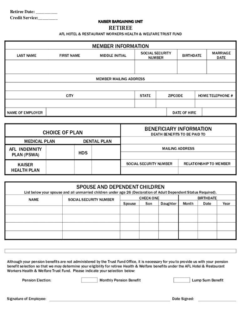 Fillable Online RETIREE MEMBER INFORMATION CHOICE OF PLAN ... Fax Email Print - pdfFiller