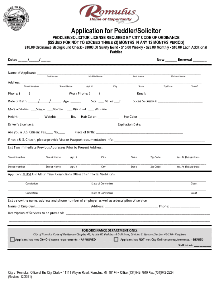 Fillable Online Application and Ordinance for Peddlers/Solicitors ...