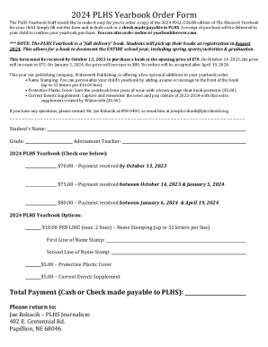 Fillable Online 2024 PLHS Yearbook Order Form Fax Email Print - pdfFiller