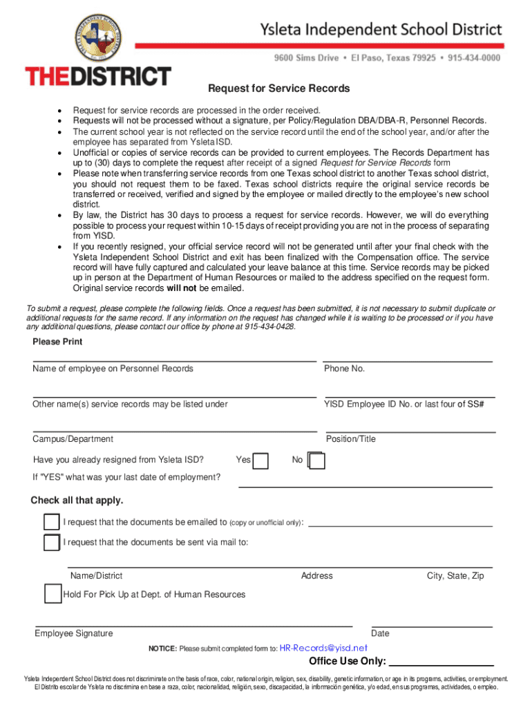 Fillable Online tx01917279 schoolwires Ysleta ISD Transcripts and ...