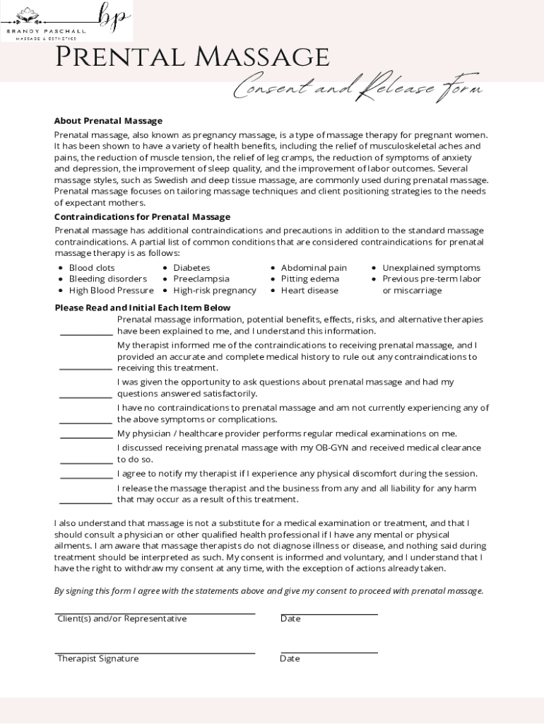 Fillable Online Prenatal Massage Consent Release Form Fax Email Print Pdffiller