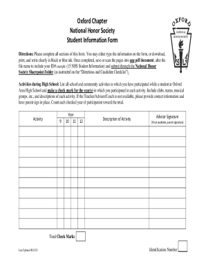 Fillable Online Oxford Chapter National Honor Society Student Information Form Fax Email Print ...