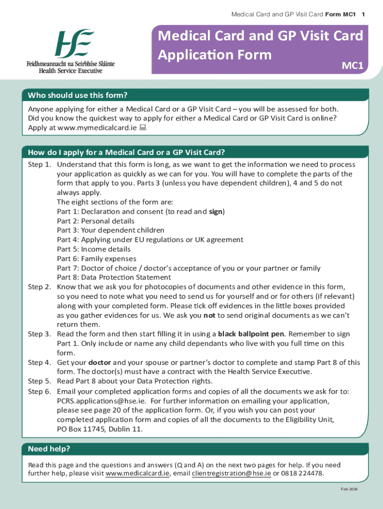 Fillable Online Get Medical Card And GP Visit Card Application Form MC1 ...