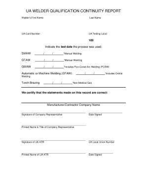 Fillable Online ua welder qualification continuity report - JATC ...