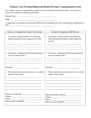 Fillable Online Primary Care/Behavioral Health Communication Form Fax ...