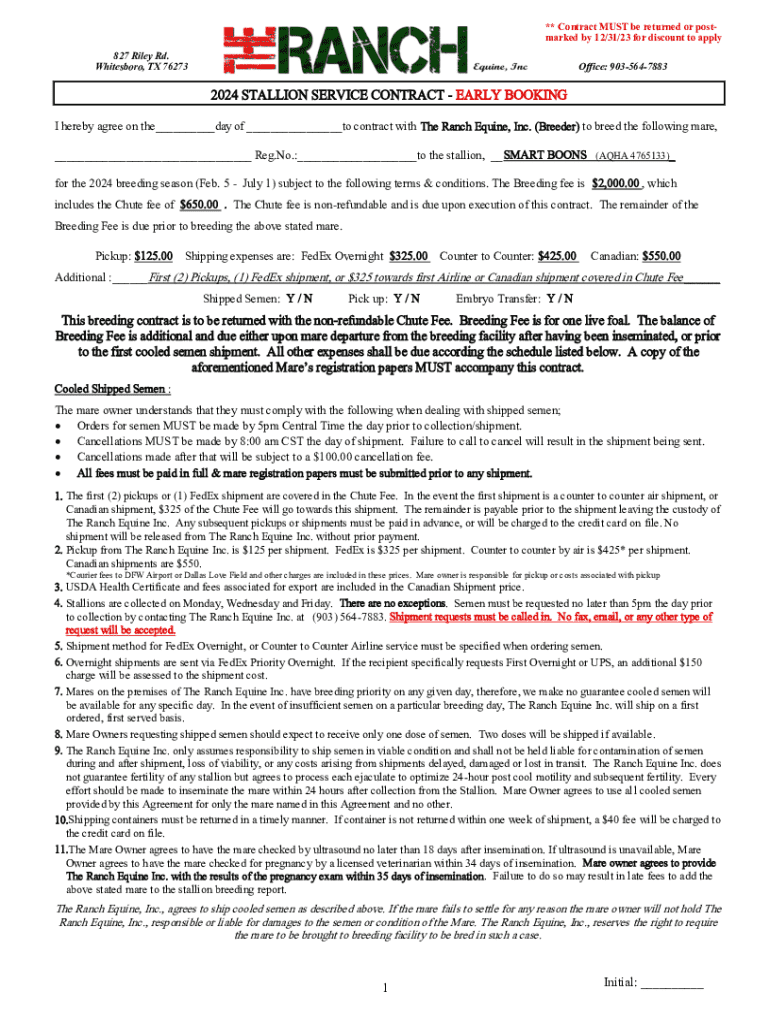 Fillable Online 2024 STALLION SERVICE CONTRACT - EARLY BOOKING Fax ...