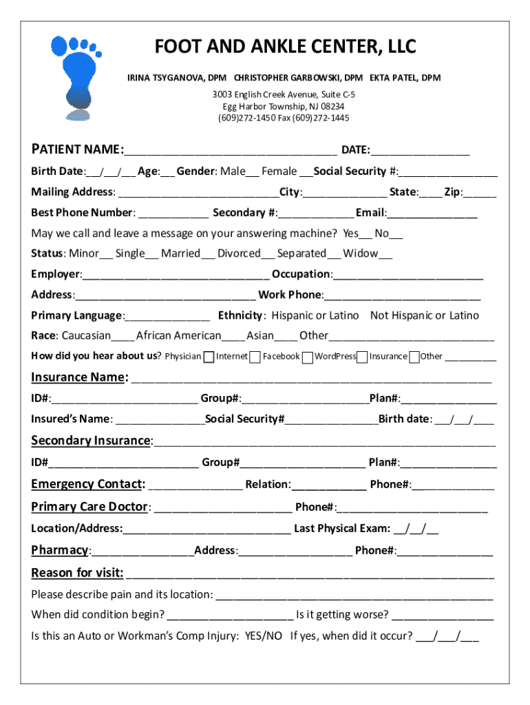 Fillable Online Foot and Ankle Center - Podiatrist, Foot Doctor Egg ...