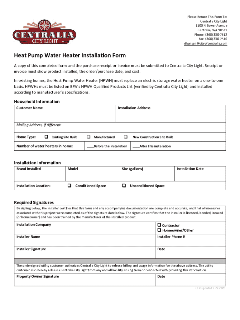 Fillable Online Heat Pump Water Heater Installation Form - Centralia ...