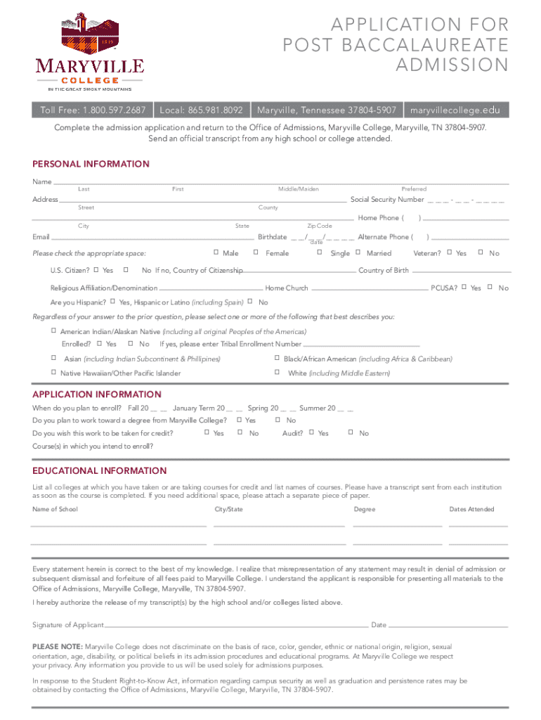 Fillable Online Maryville College Post Baccalaureate Application Fax Email Print - pdfFiller