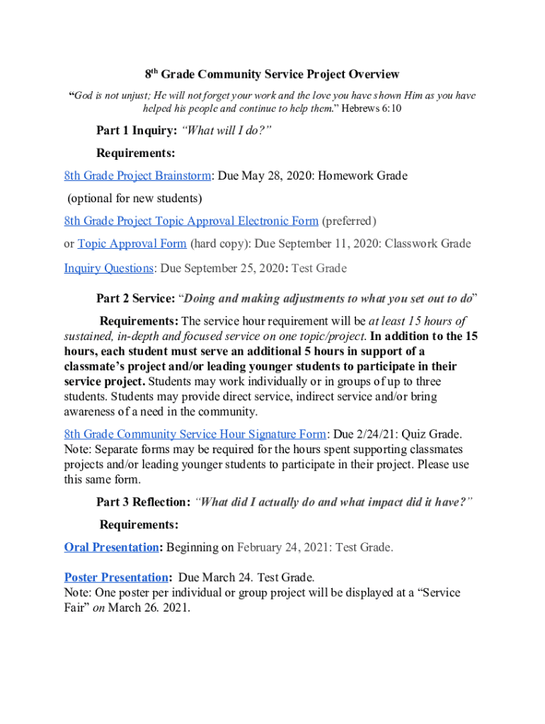Fillable Online 8th Grade Community Service Project Overview Part 1 ...