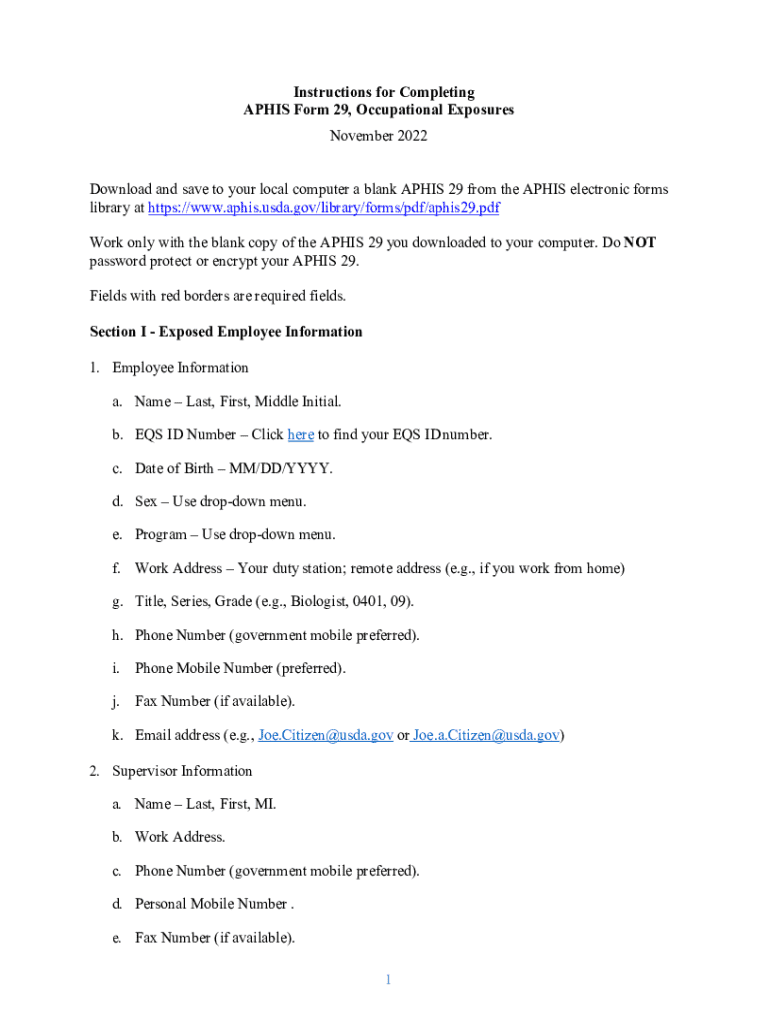 Fillable Online Instructions for Completing APHIS Form 29, Occupational ...