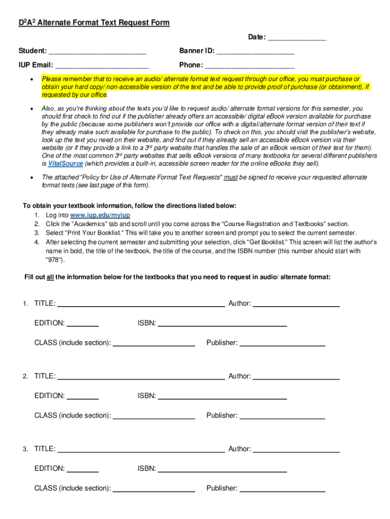 Fillable Online D2A2 Alternate Format Text Request Form Fax Email Print - pdfFiller