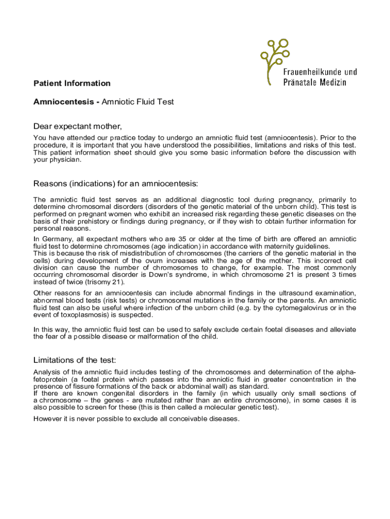 Fillable Online Amniocentesis: Purpose, Procedure, Risks, Recovery ...