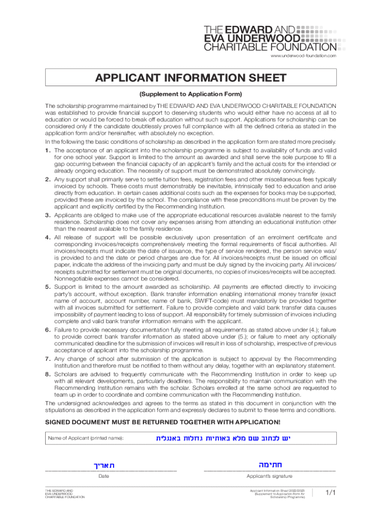 Fillable Online APPLICANT INFORMATION SHEET - Underwood Foundation Fax Email Print - pdfFiller