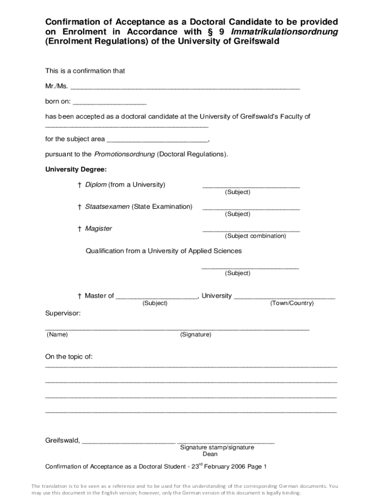 Fillable Online Confirmation of Acceptance as a Doctoral Candidate to ...