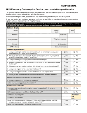 Fillable Online Contraception Service pre-consultation questionnaire ...
