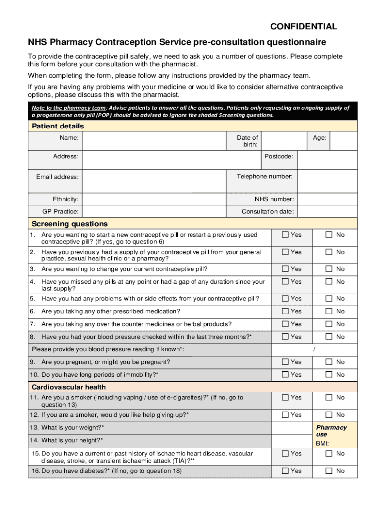 Fillable Online Contraception Service pre-consultation questionnaire ...