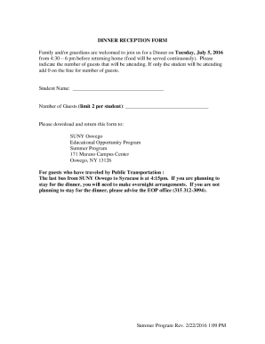 Fillable Online DINNER RECEPTION FORM Fax Email Print - pdfFiller