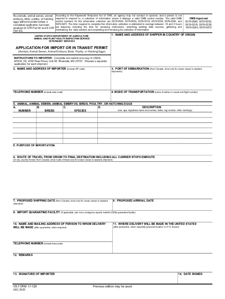 Fillable Online VS Form 17-129 Application for Import or In Transit Permit Fax Email Print ...